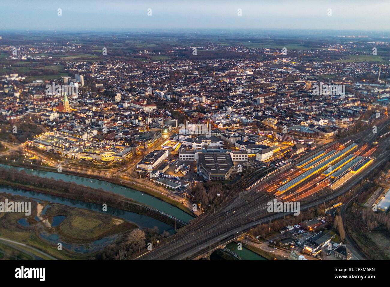 Aerial view, overview of Hamm at night, Technical Town Hall, station ...