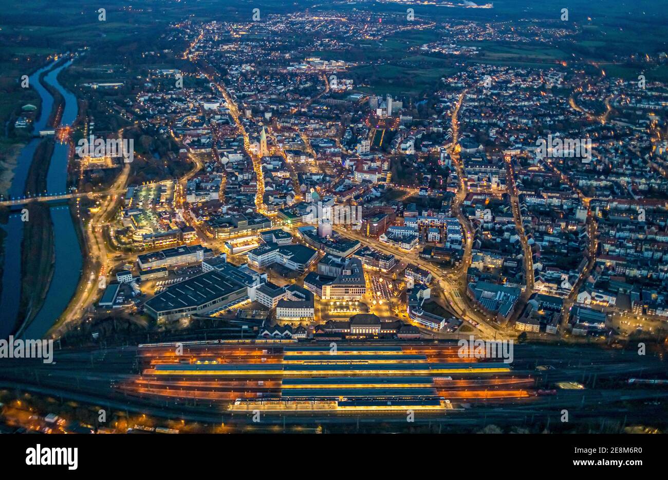 Aerial view, night view of Hamm central station, station forecourt ...