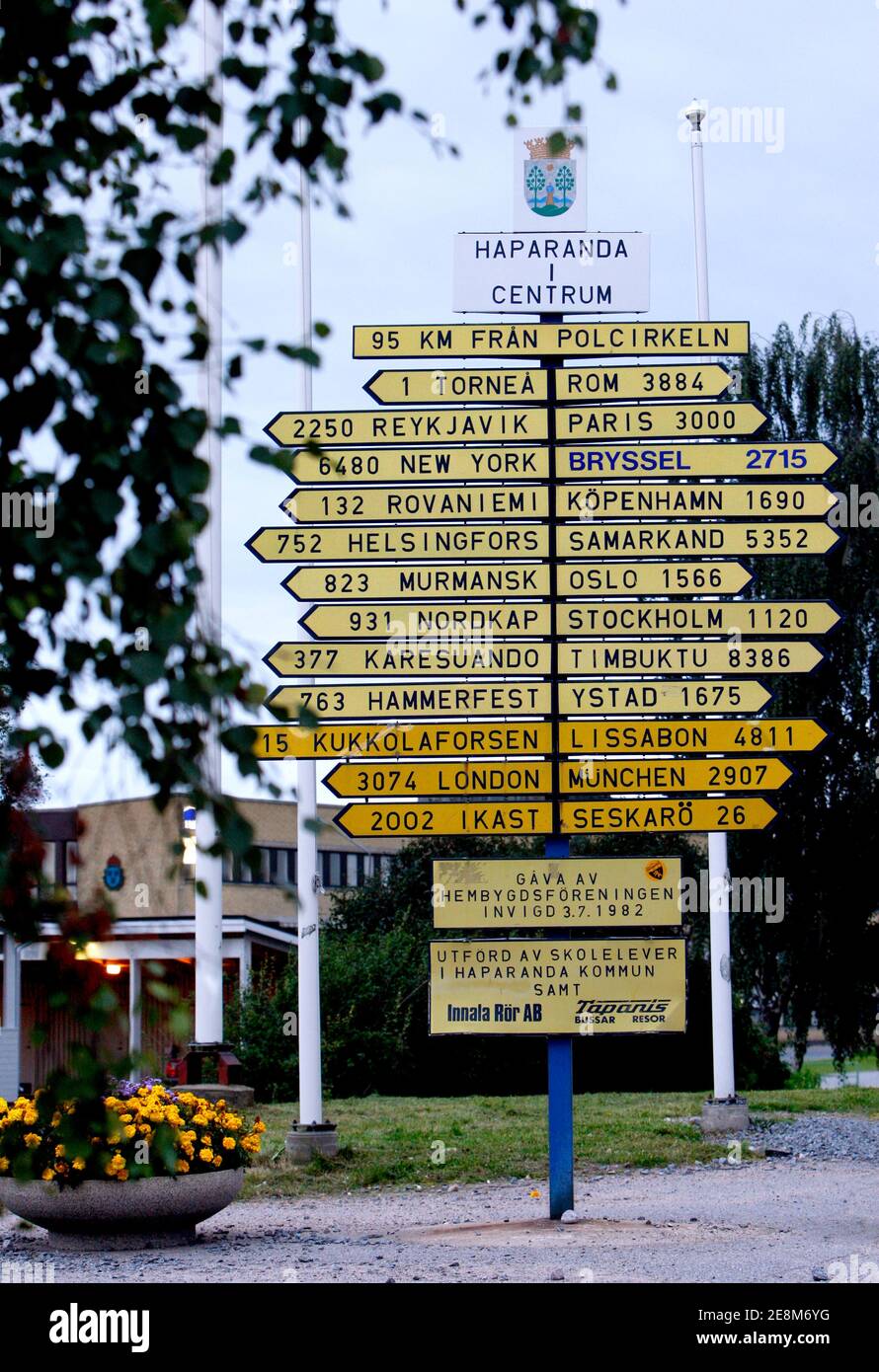 HAPARANDA, SWEDEN- 27 AUGUST 2008: Sign with distance to different ...