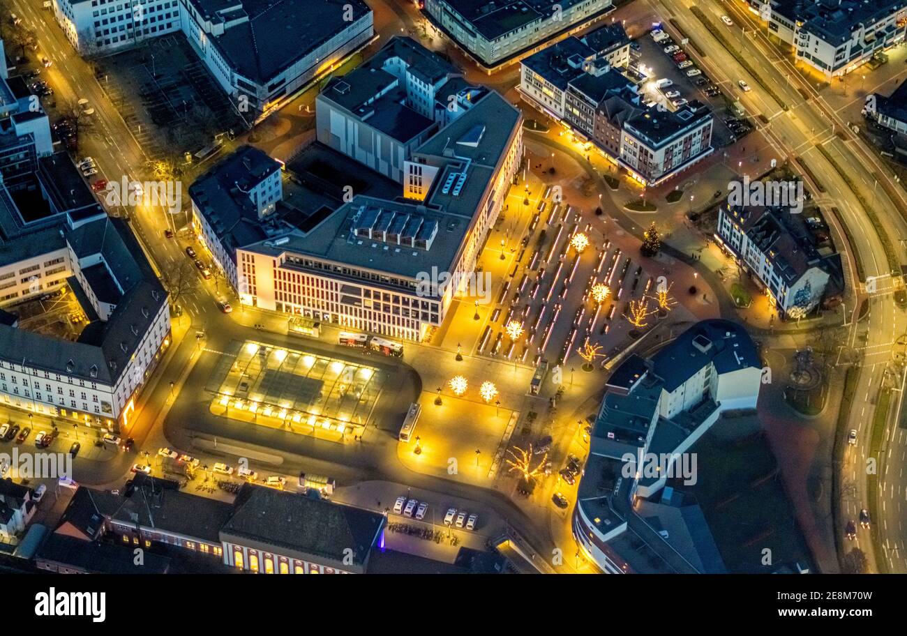 Aerial view, night view of Hamm central station, station forecourt ...