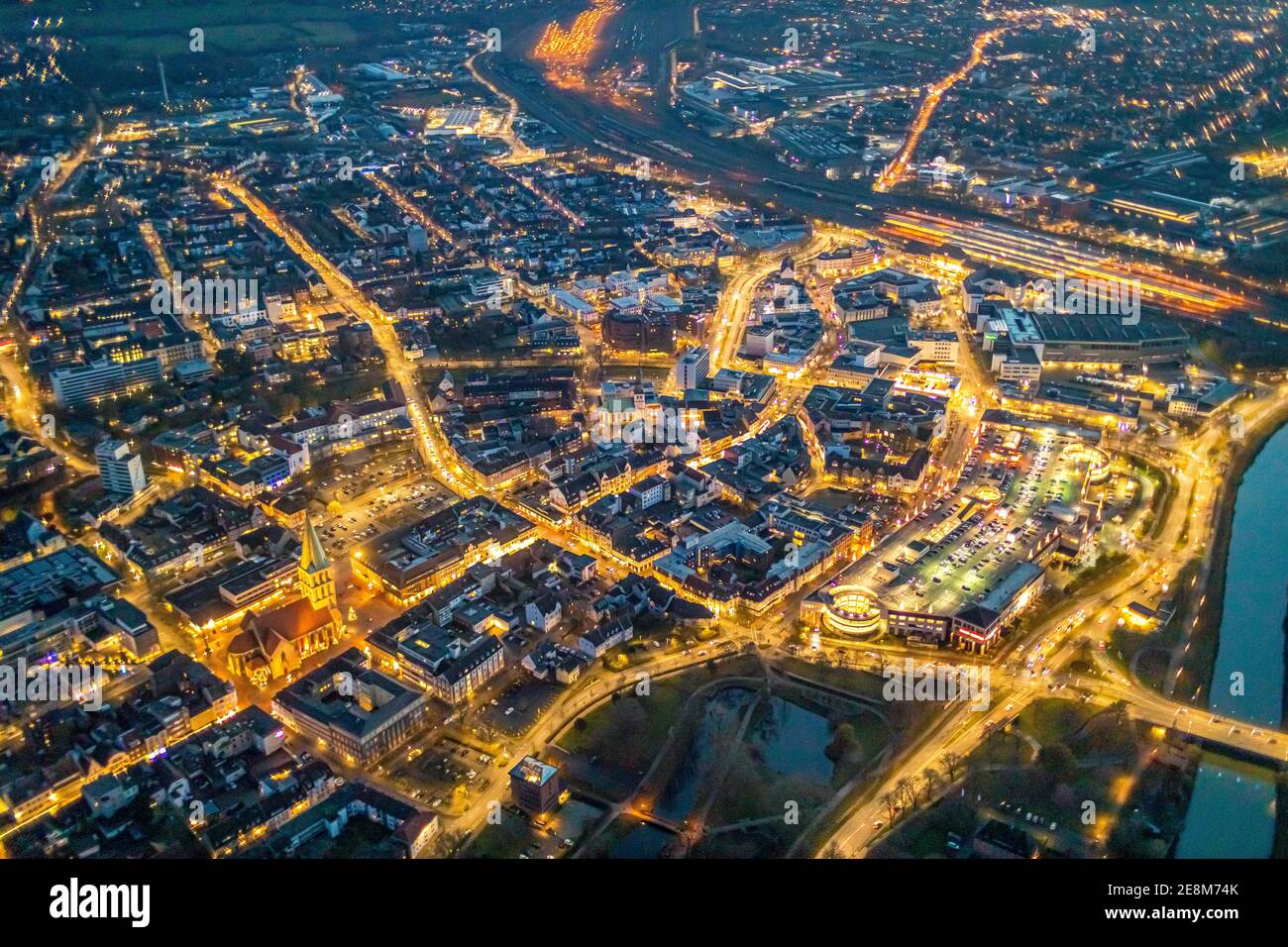 Aerial view, night view of Hamm central station, station forecourt ...