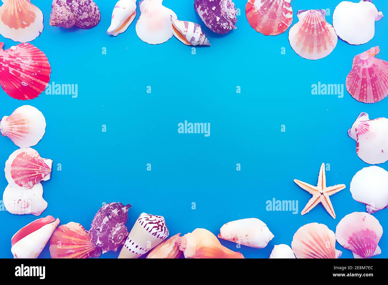 colorful seashells on blue background. illustration painting background ...