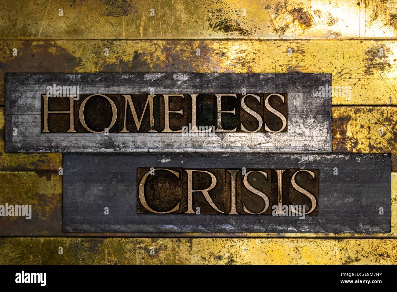 Homeless Crisis text on grunge textured authentic copper and gold ...