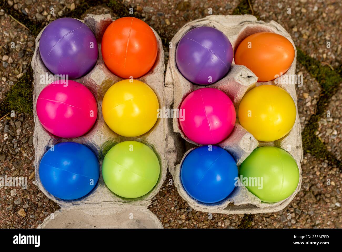 Colorful eggs in boxes. Happy Easter holiday. Easter eggs. Bright color ...