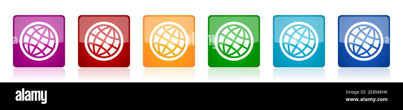 World, globe icon set, square glossy vector buttons in 6 colors options ...