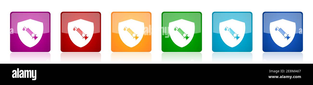 Vaccine shield concept icon set, square glossy vector buttons in 6 ...