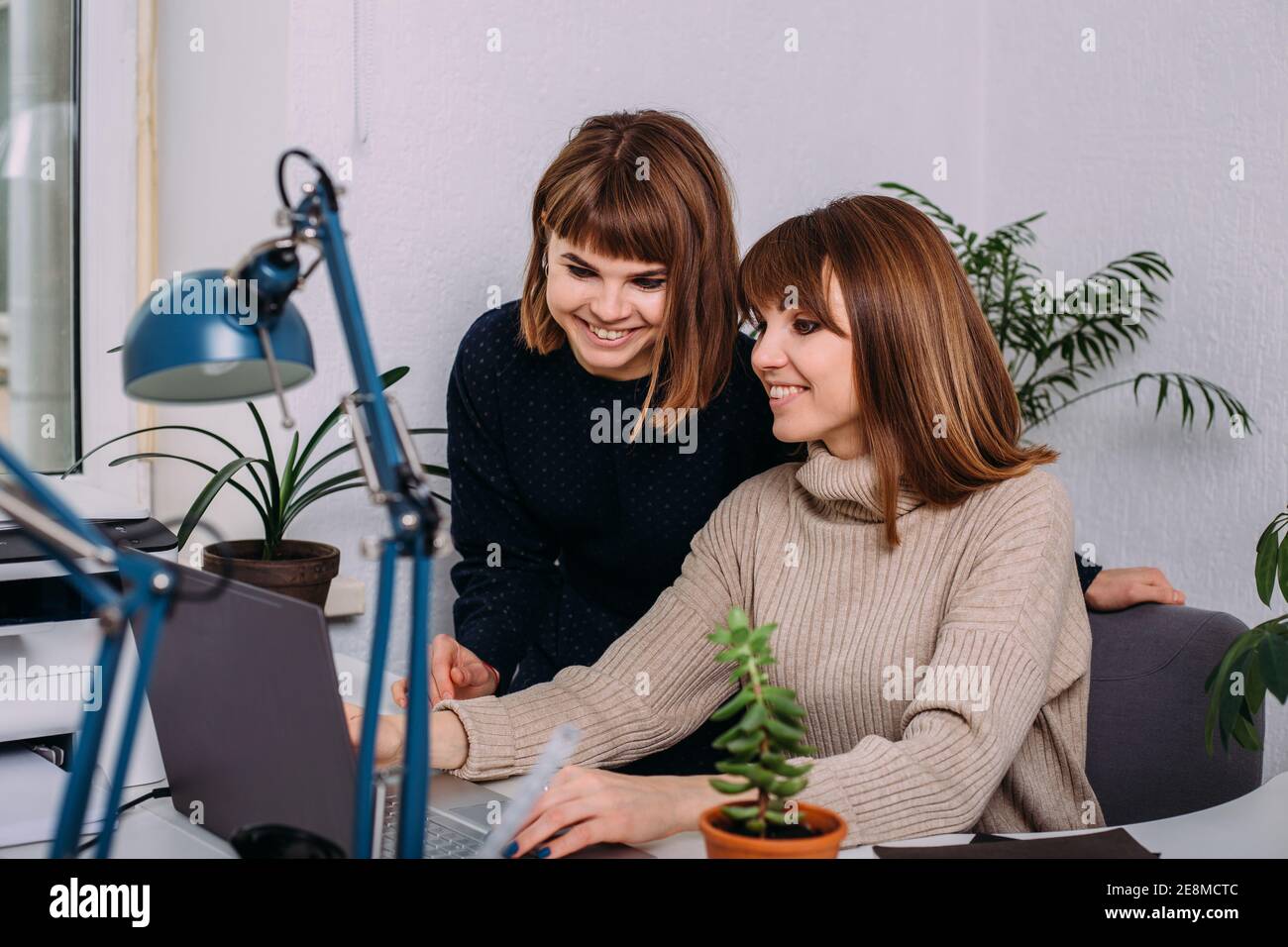 Two girls twins work side by side in the office on a laptop ...
