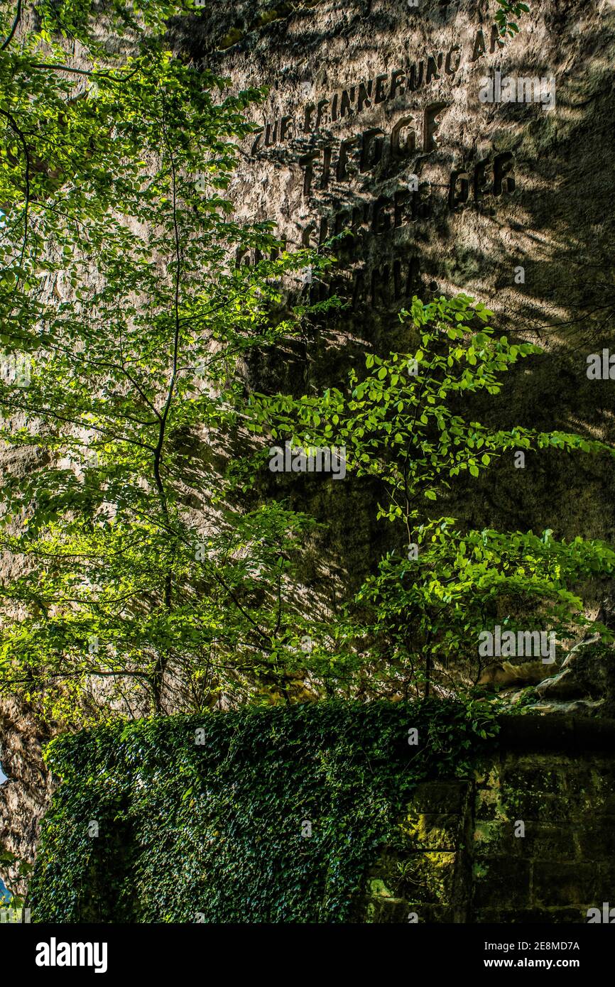 Trekking path in Bastei sandstone mountains leading to Bastei bridge ...