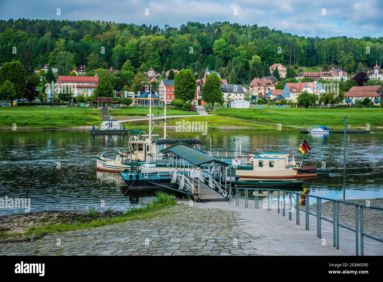 18 May Rathen, Germany - Ferry crossing on river Elbe, small ferryboat ...