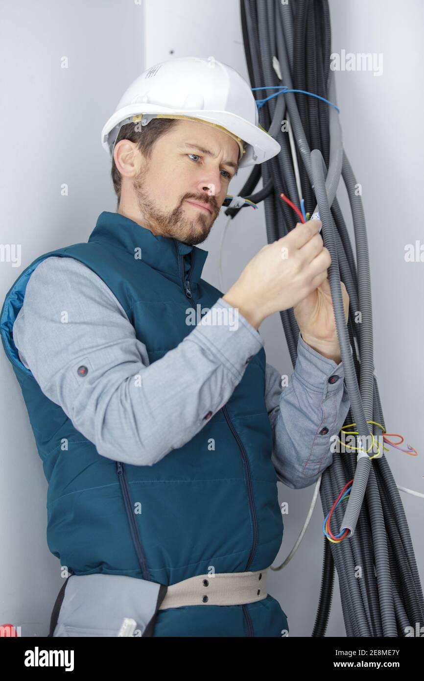electrician checking bundle of cables Stock Photo - Alamy