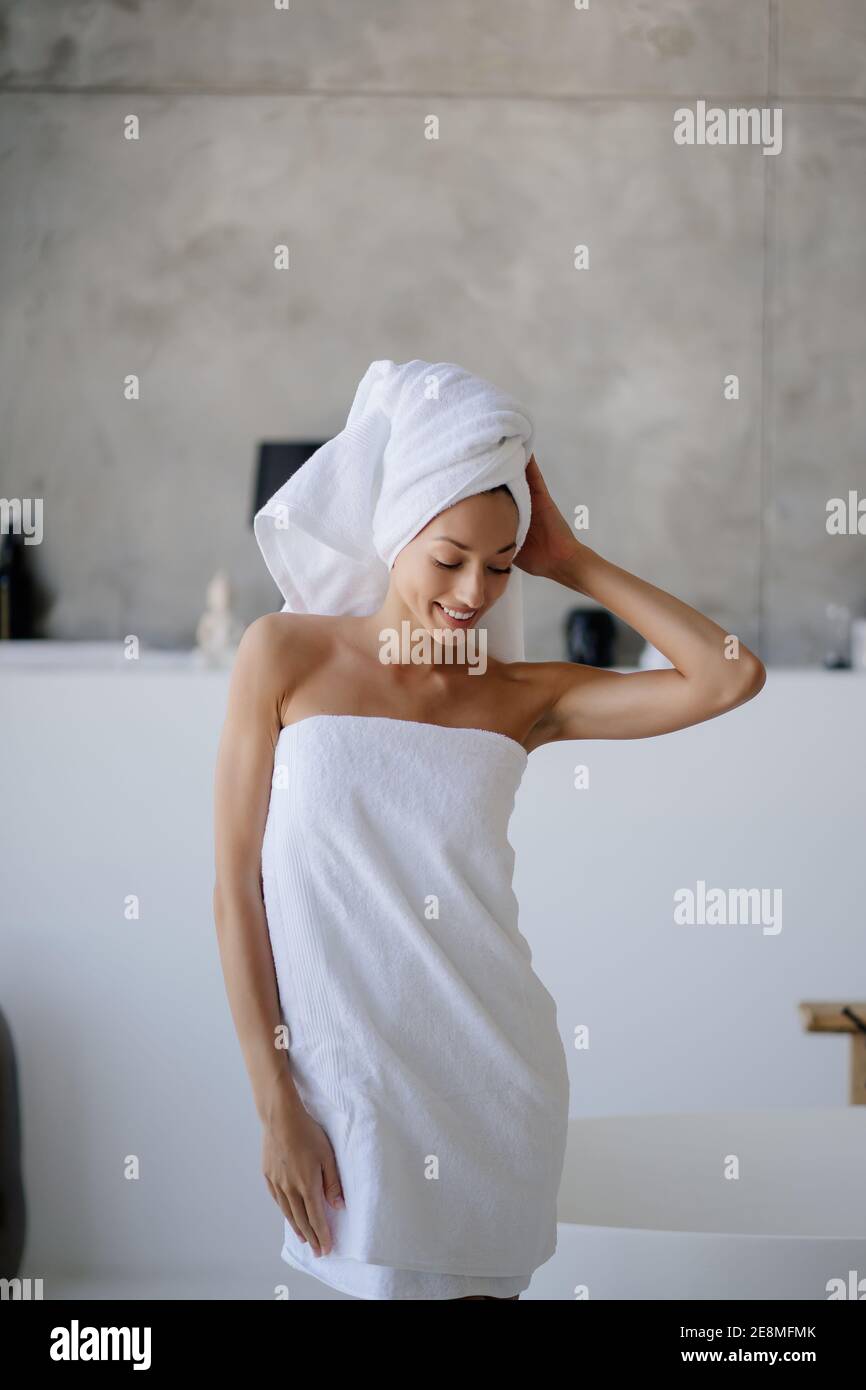 Female model in white towel. Women, beauty and hygiene concept Stock ...
