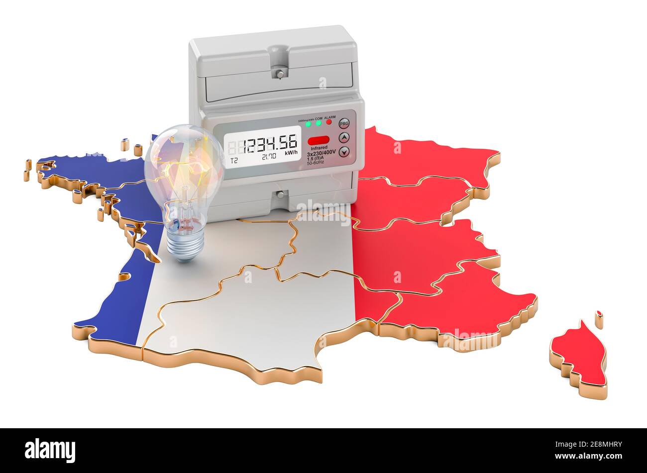 Electric energy consumption in France, 3D rendering isolated on white ...