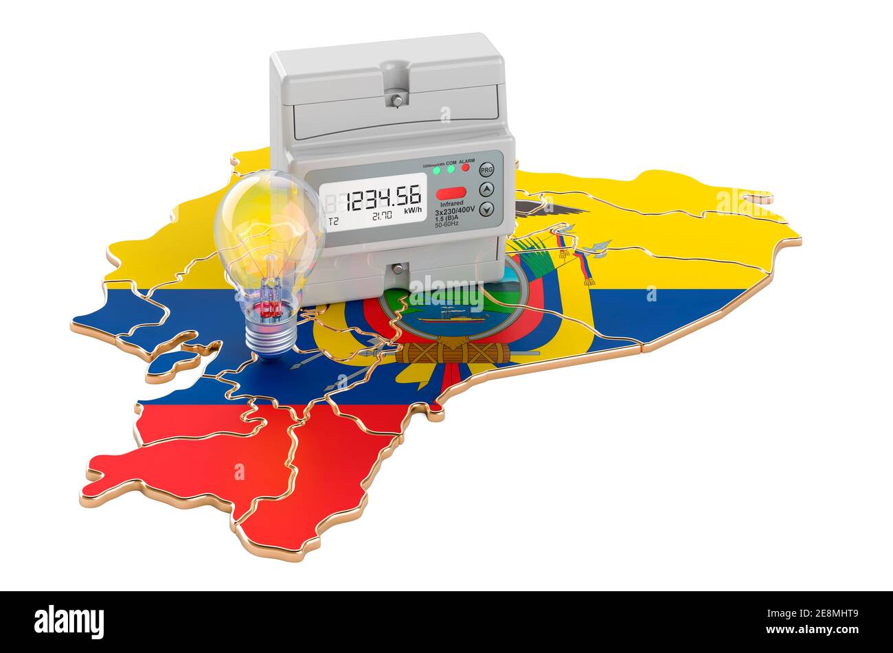 Electric energy consumption in Ecuador, 3D rendering isolated on white ...