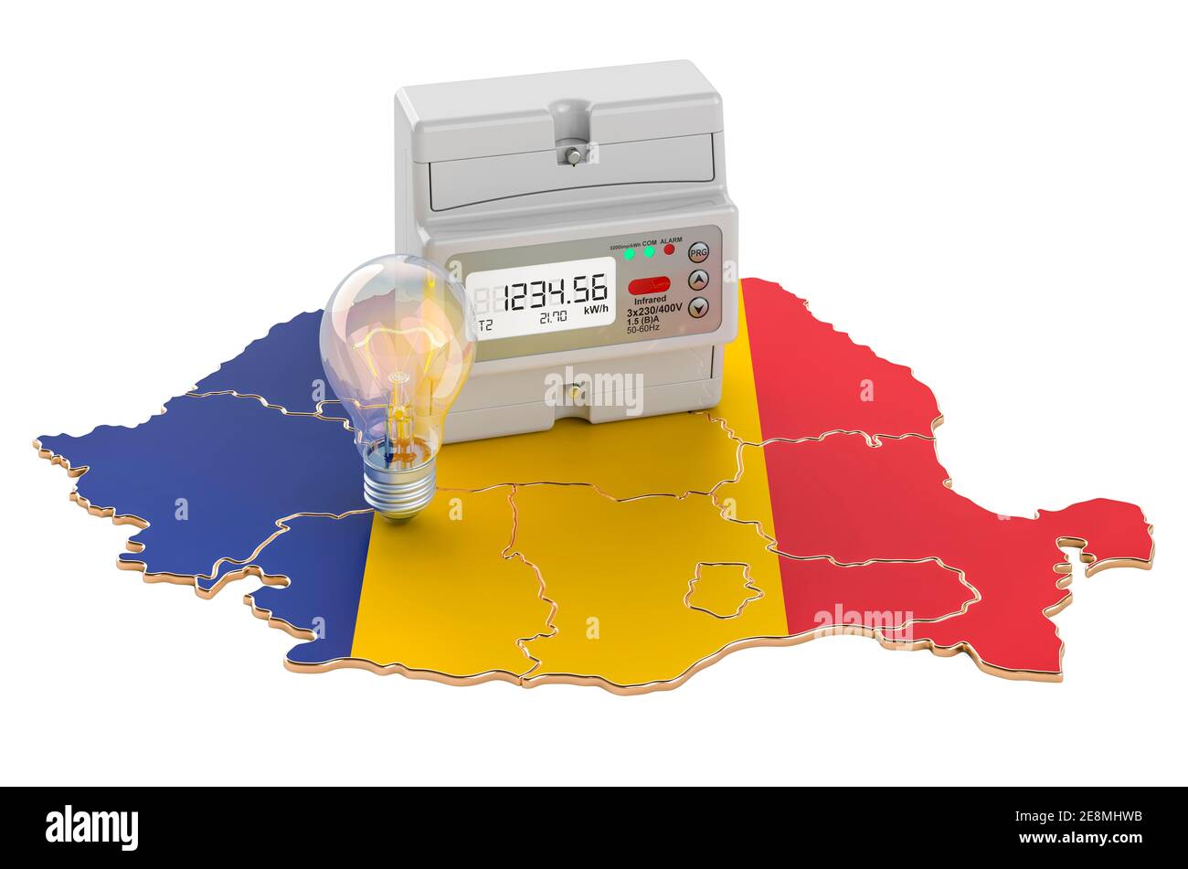 Electric energy consumption in Romania, 3D rendering isolated on white ...
