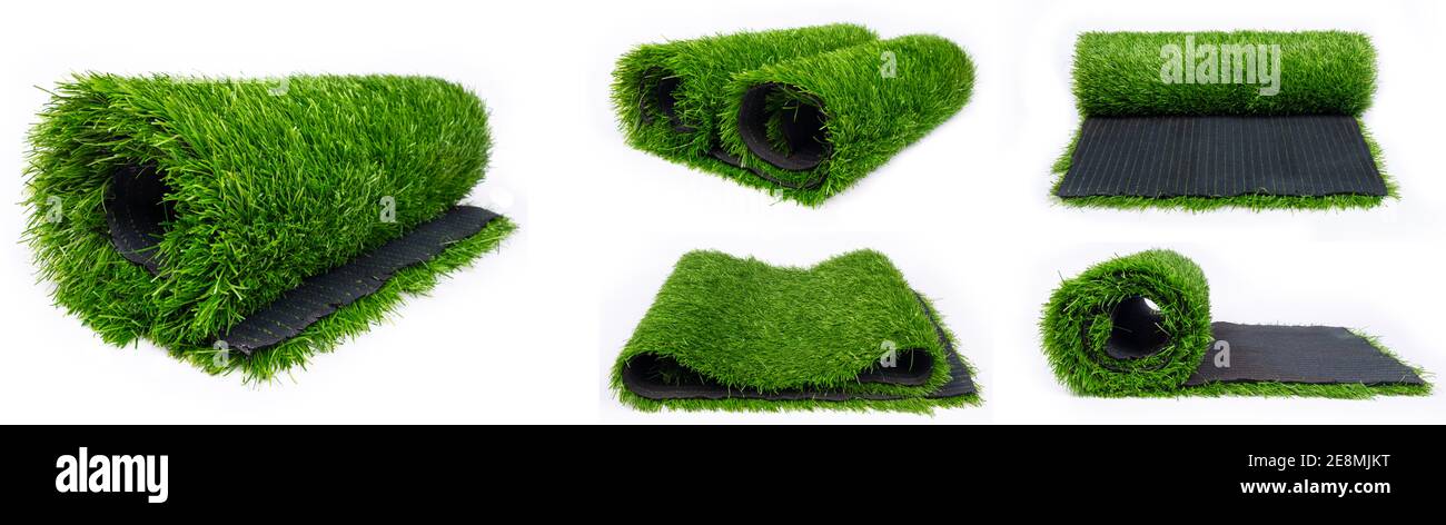 collage of rolls of artificial plastic turf for sports fields panorama ...
