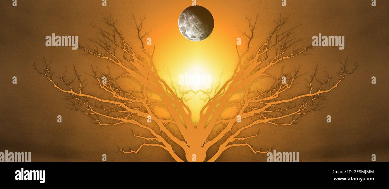 Mystic Tree of Life. Moon in The Sky. Sunset or Sunrise. 3D rendering ...