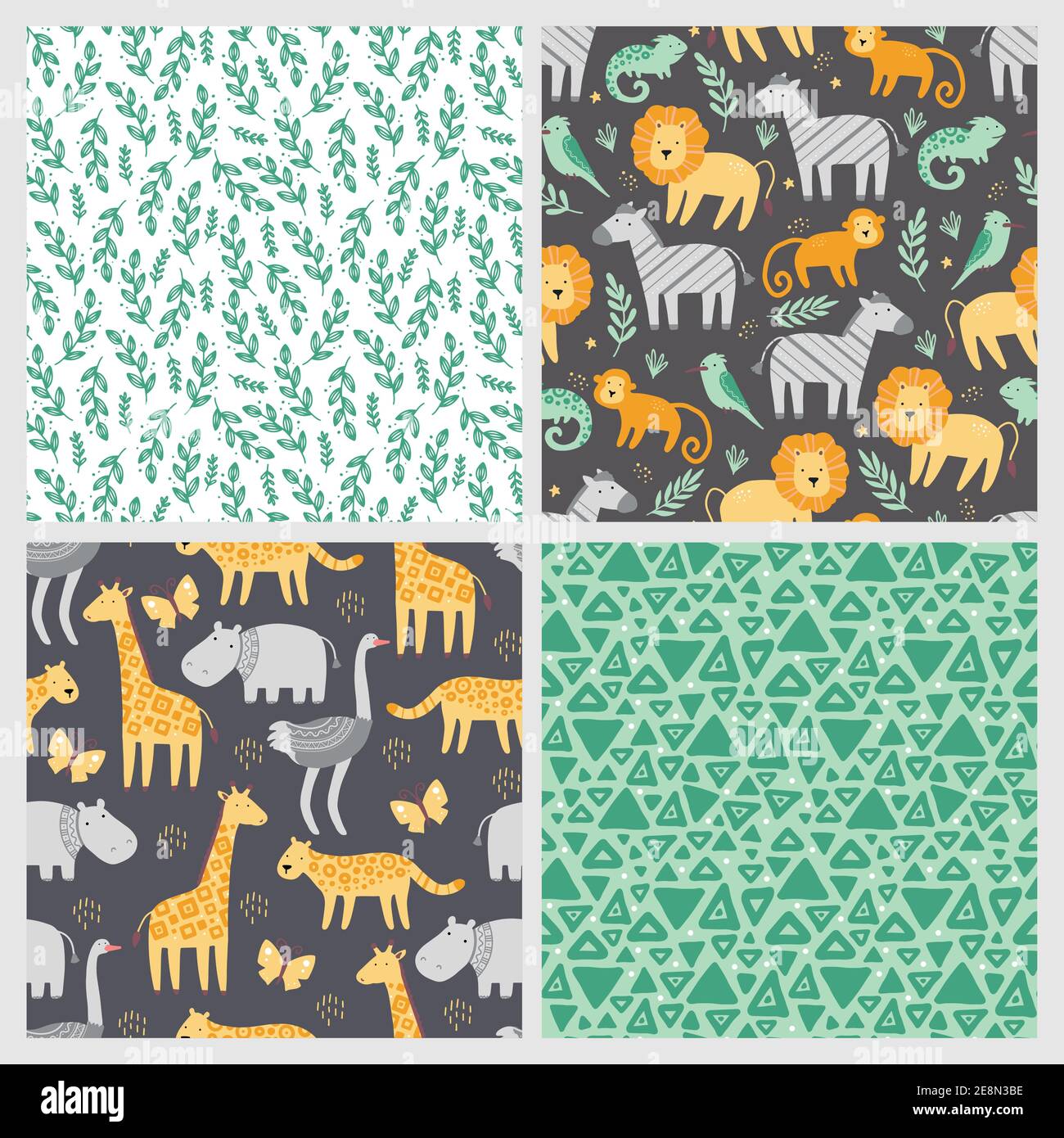 Set of seamless pattern with cute african zoo animals. Flat and simple ...
