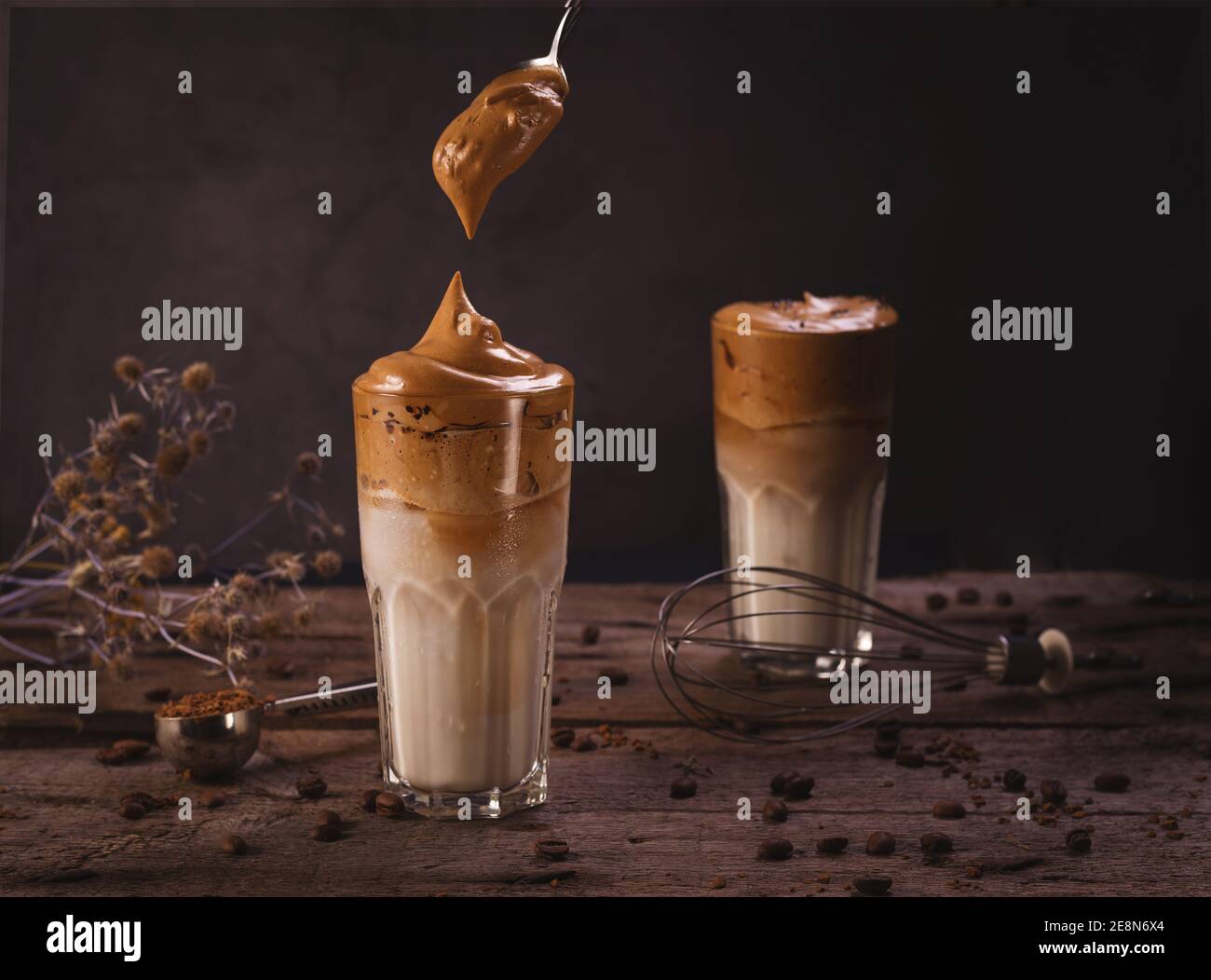 Dalgona Coffee. Whipped icing drink with instant coffee popular in ...