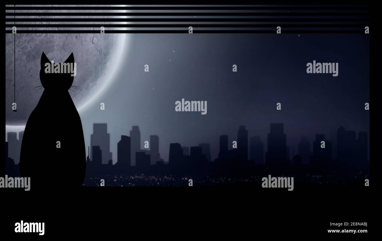 A cat watching the night city view with a big full moon, out of the ...