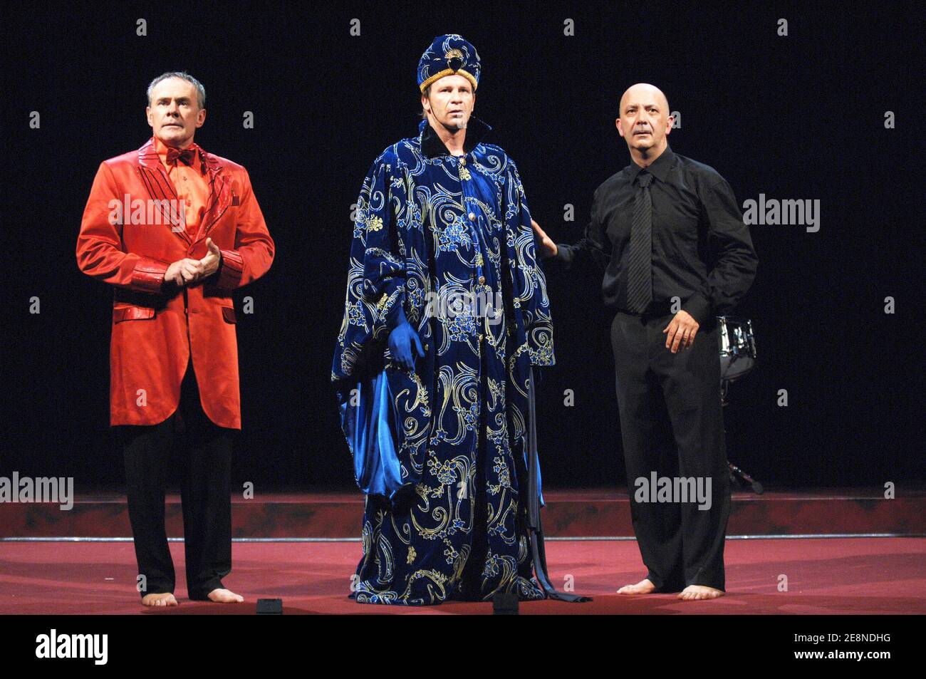 Cast members Philippe Lelievre, Gil Galliot and Fred Nony act their ...