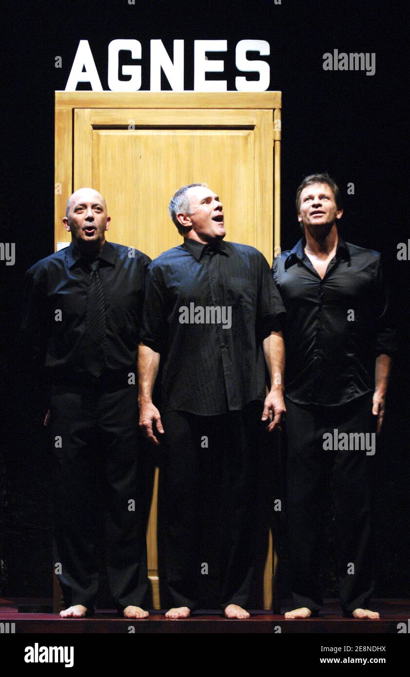 Cast members Philippe Lelievre, Gil Galliot and Fred Nony act their ...