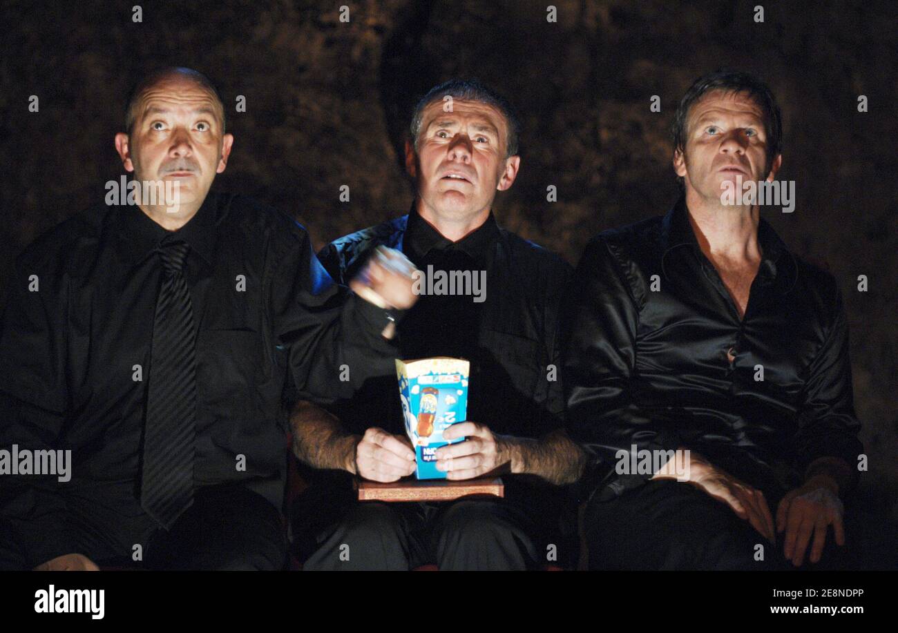 Cast members Philippe Lelievre, Gil Galliot and Fred Nony act their ...