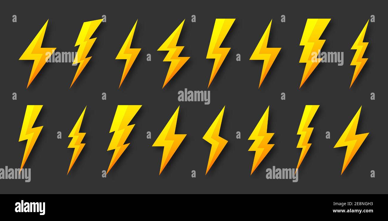 Yellow lightning bolt icons collection. Flash symbol, thunderbolt. Simple lightning strike sign ...
