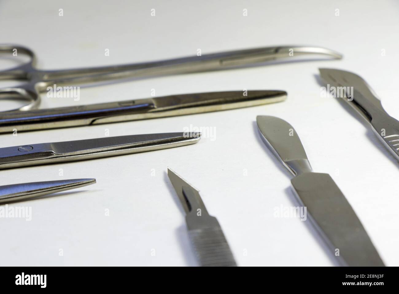 An isolated closeup of stainless steel dissection kit on white ...