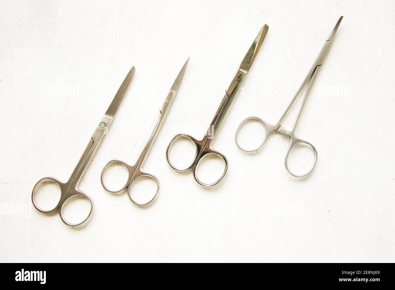 An isolated closeup of stainless steel dissection kit on white ...