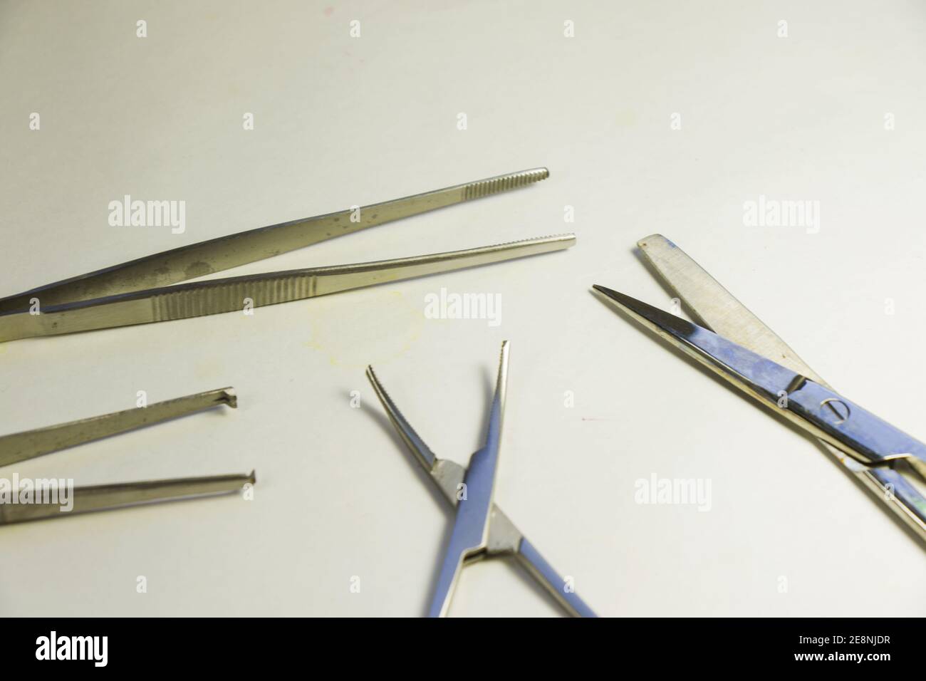 An isolated closeup of stainless steel dissection kit on white ...