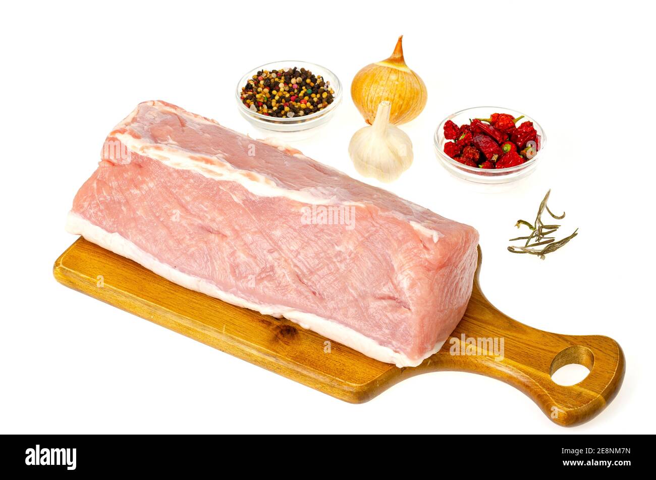 Fresh pink piece of raw pork meat, chop on white background. Photo ...