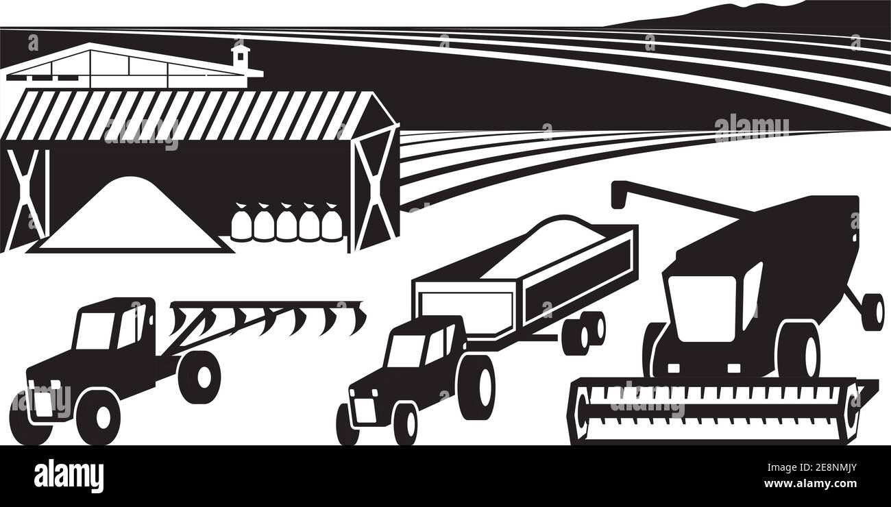 Farm yard with agricultural machinery and warehouse - vector ...