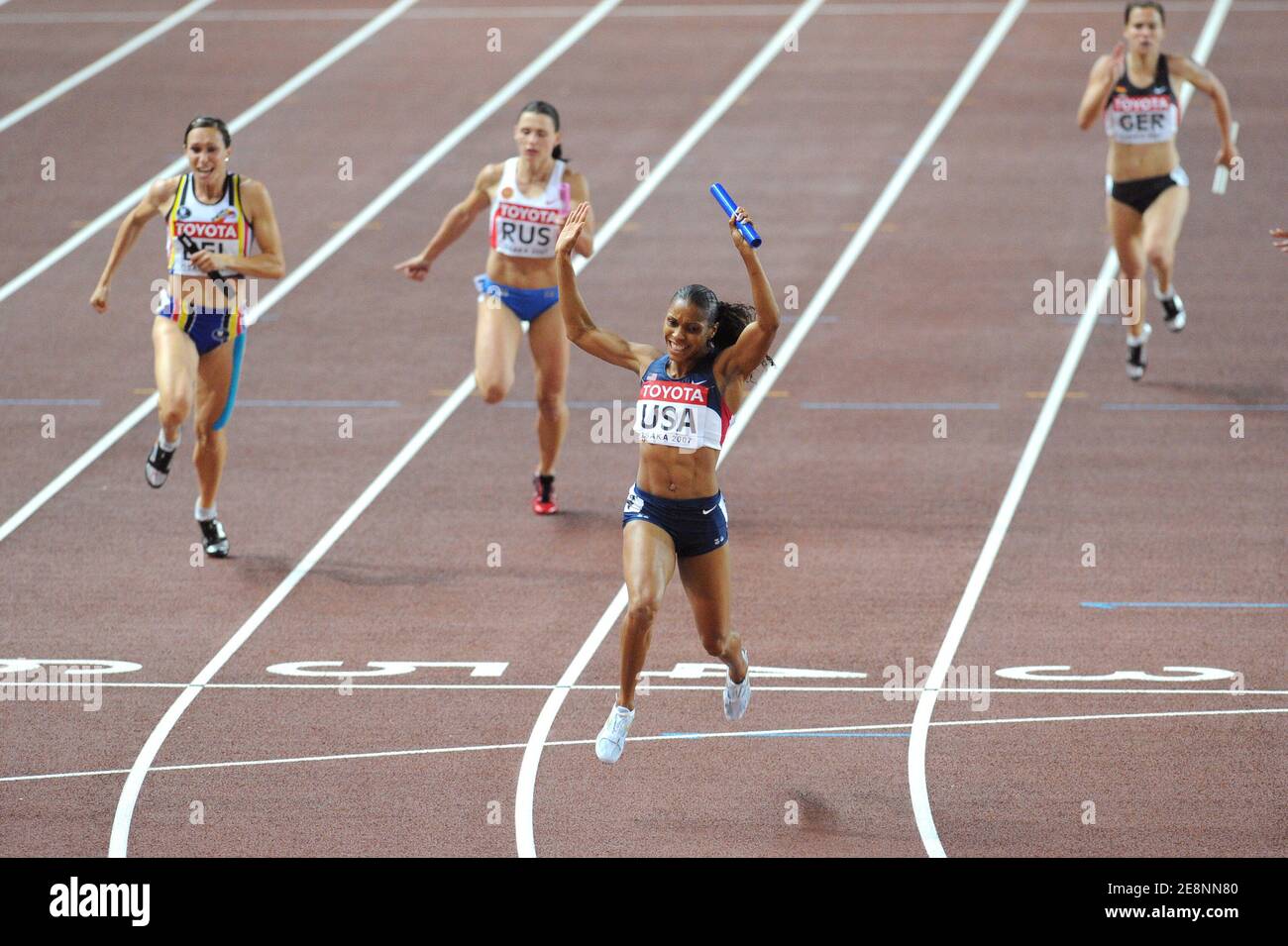 USA's relay team performs on women's 4X100 meters relay final during ...