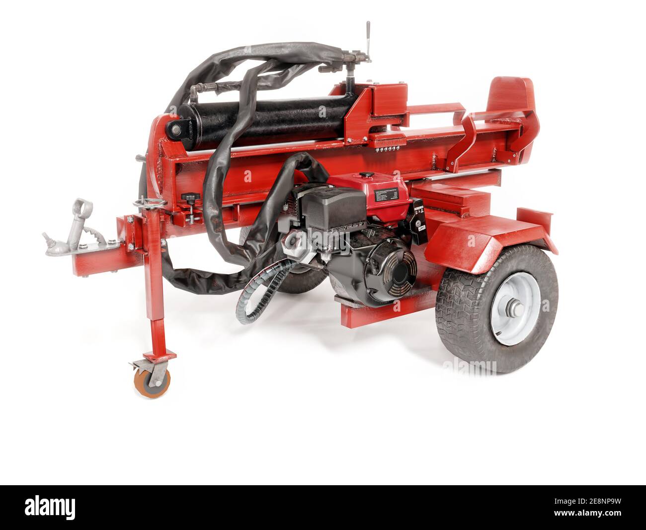 Red log cutting machine shot on white background Stock Photo - Alamy