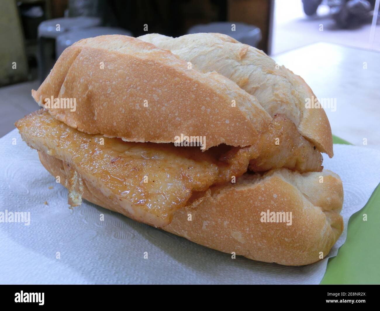 Close up shot of traditional pork bread Pork chop bun at Macau, China ...