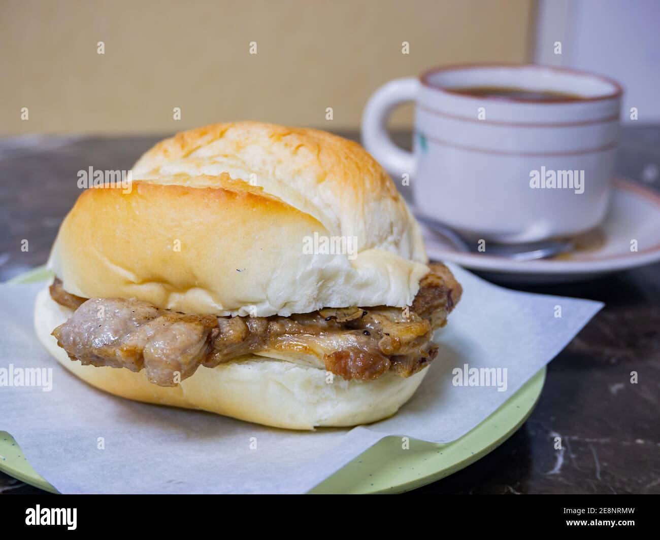 Close up shot of traditional pork bread Pork chop bun at Macau, China ...