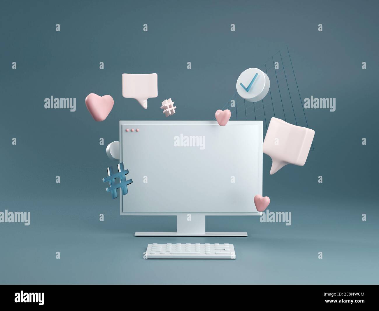 WHite pc computer with keyboard on dark blue studio background ...