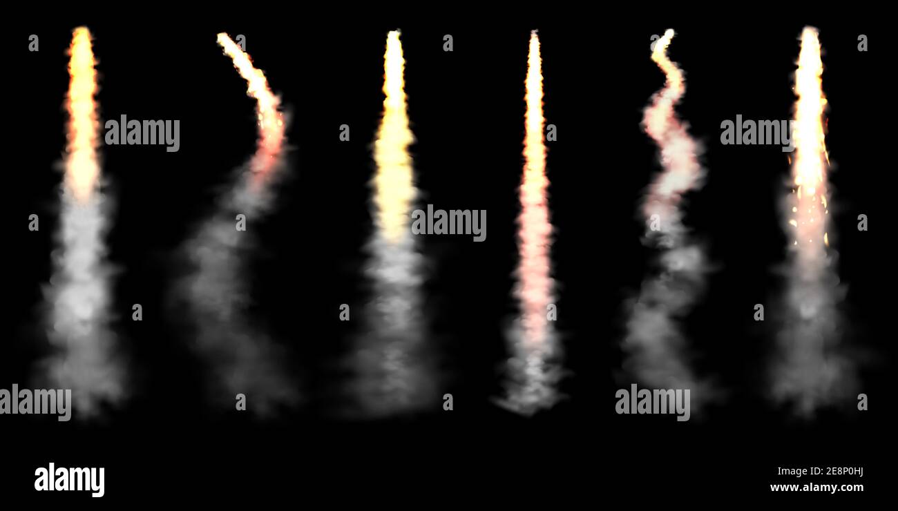 Realistic space rocket launch trails on black background. Fire burst ...