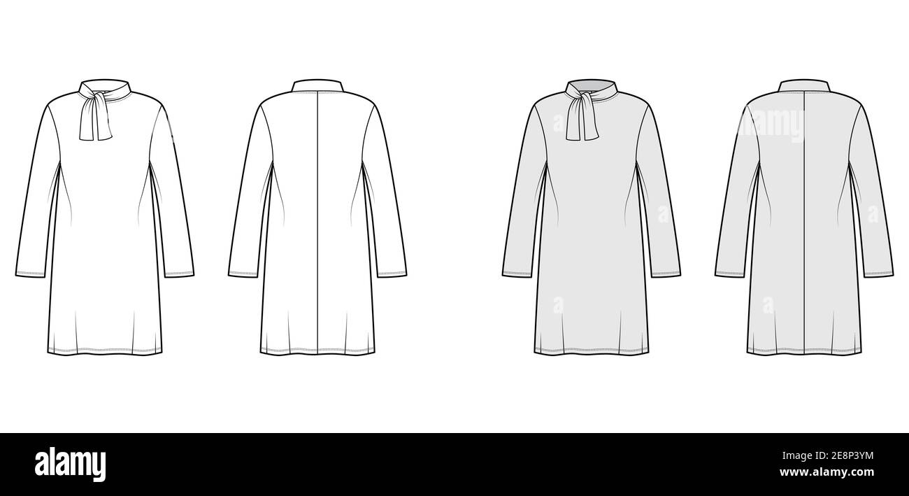 Tunic sweater technical fashion illustration with tie stand-away collar ...