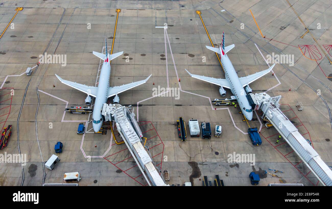 Aerial view of regional airport with terminal and airplanes, jets ...