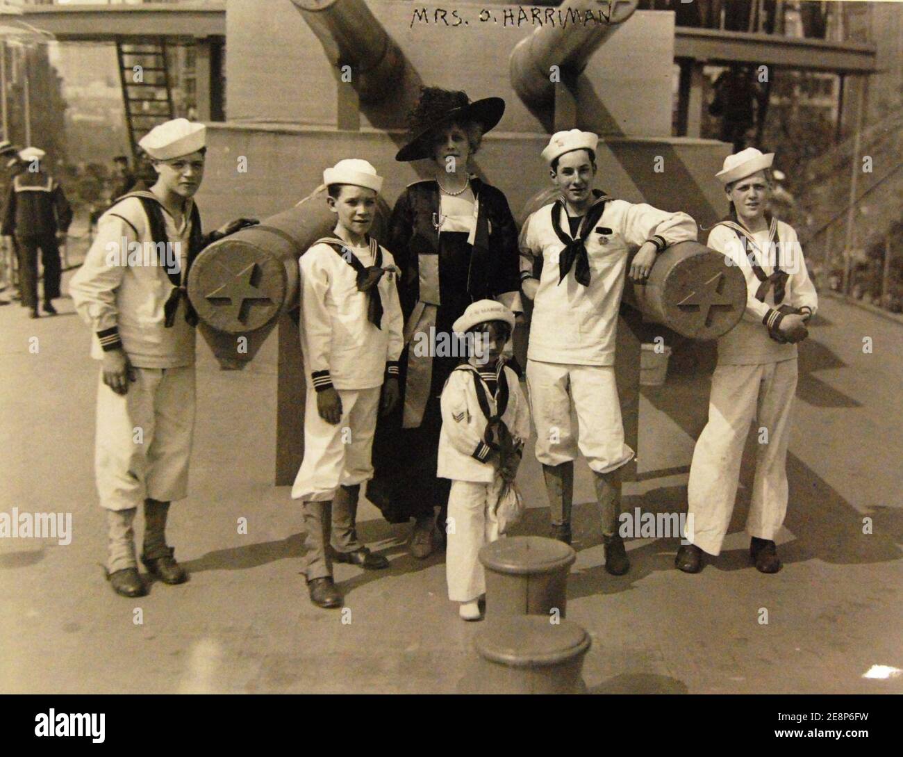 Miss O. Harriman and young sailors on board USS Recruit, New York, 1917 ...