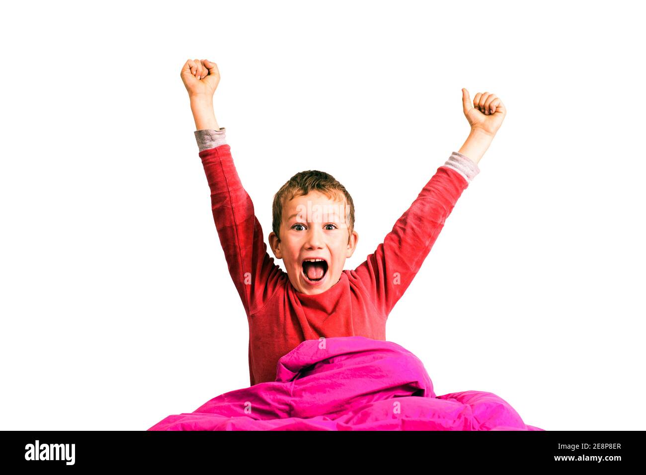 Child wakes up happy and full of energy in the morning, raising his ...