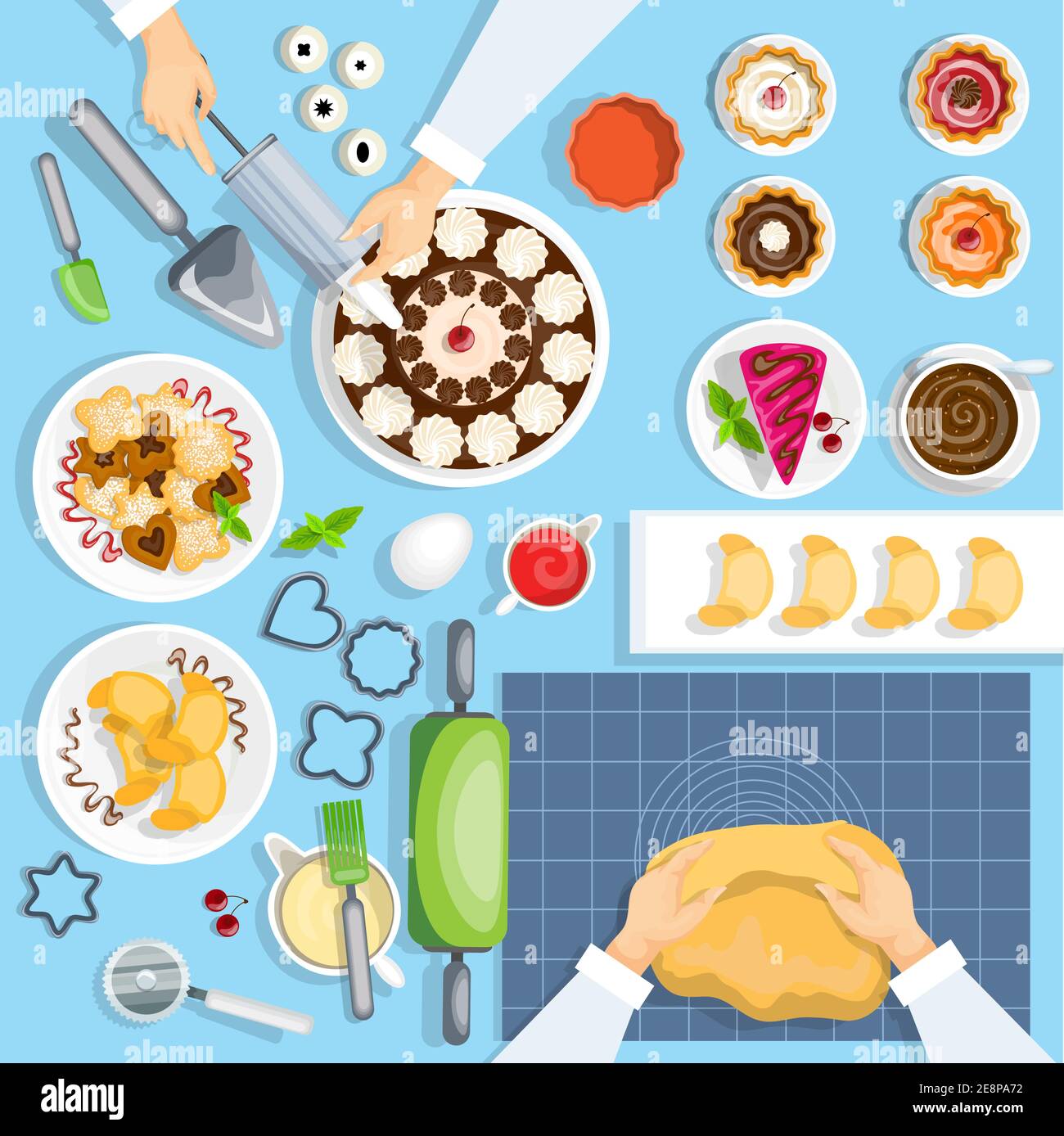 Baker Workplace Top View Set. Confectionery Vector Illustration. Pastry ...