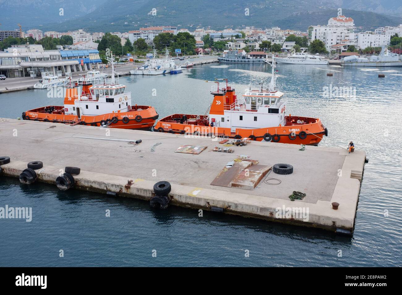 Bar, Montenegro - July 09, 2013: two tugboats moored in the Port of Bar ...
