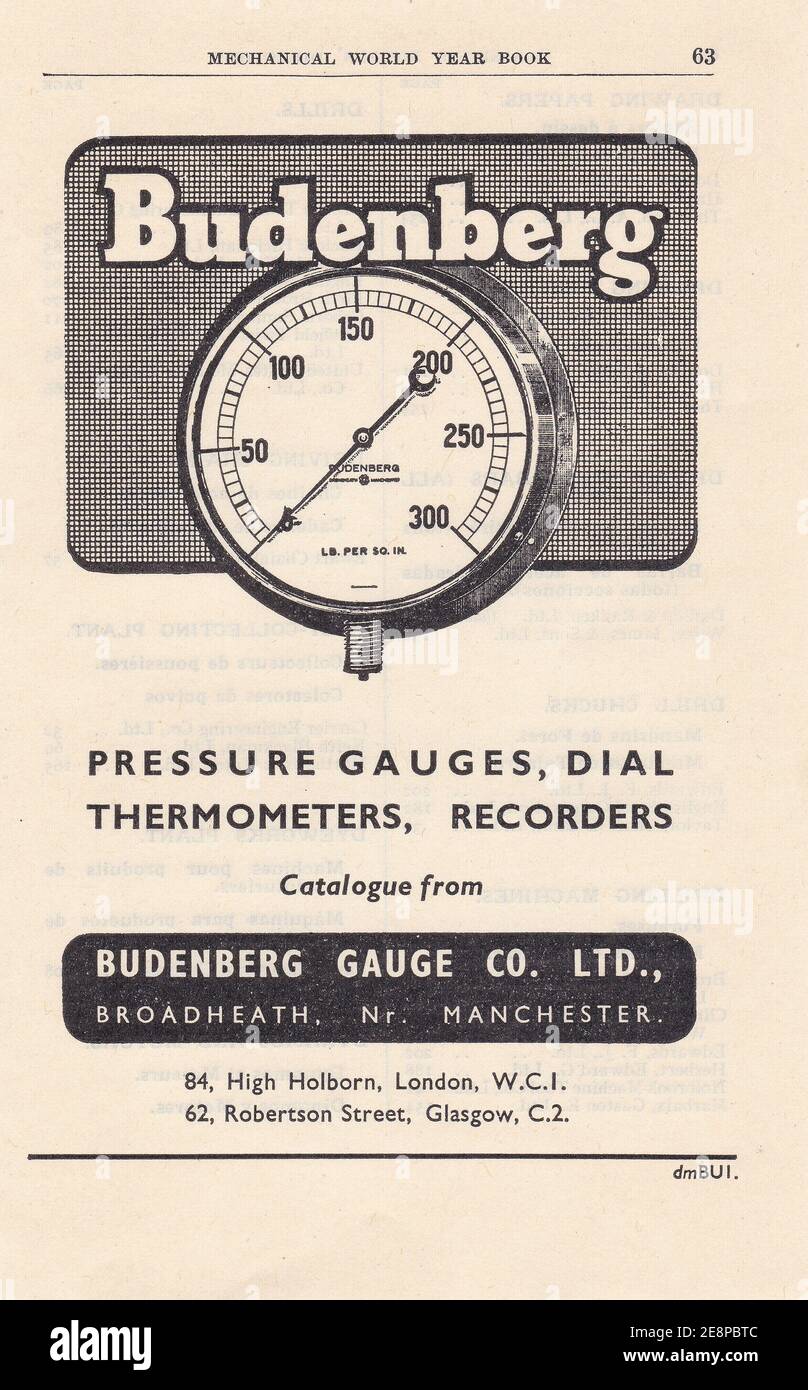 Vintage advert for Budenberg Gauge Co. Ltd Stock Photo - Alamy
