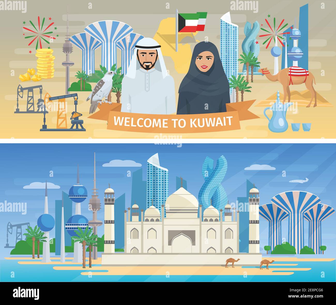 Kuwait banner set with welcome text on the ribbon people in traditional ...