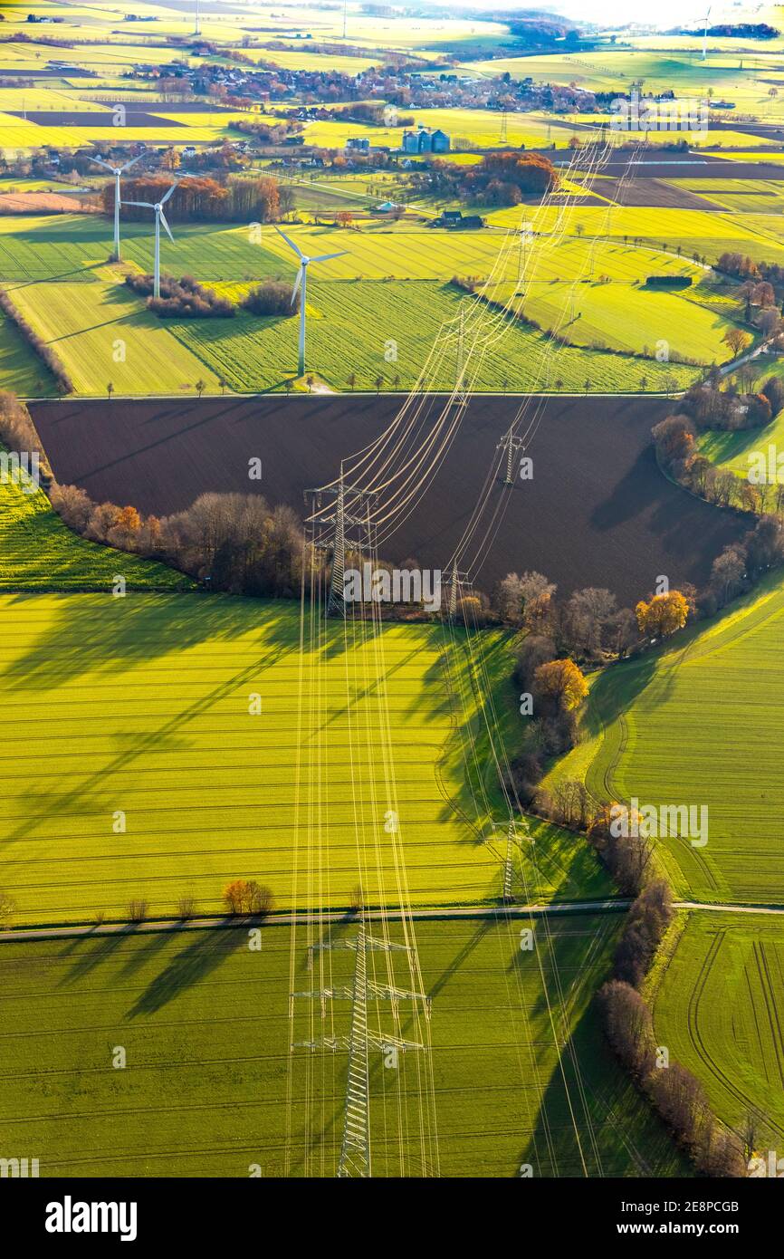Aerial view, overhead line over the fields of Schwefe, Schwefe, Welver ...