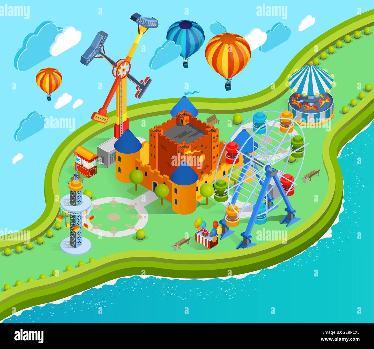 Amusement park isometric cartoon composition with giant swing colorful ...