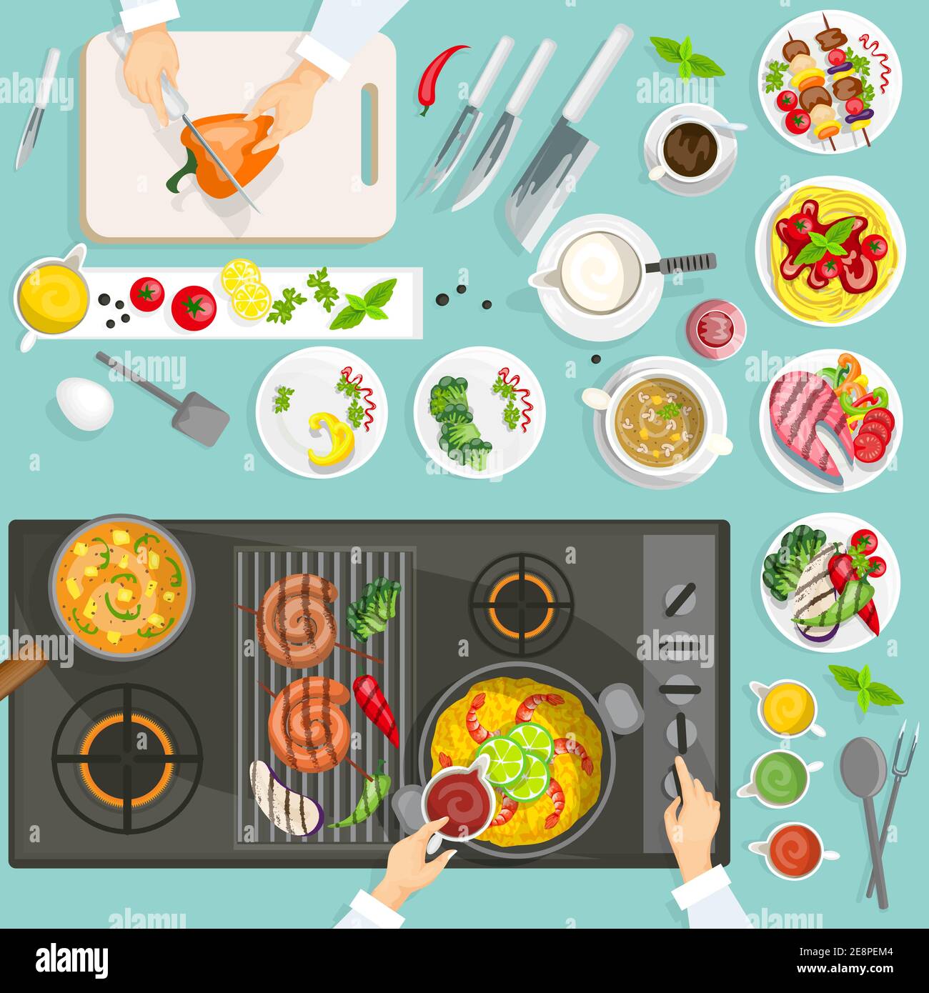 Chef workplace top view with dishes and utensils cooker surface grill ...