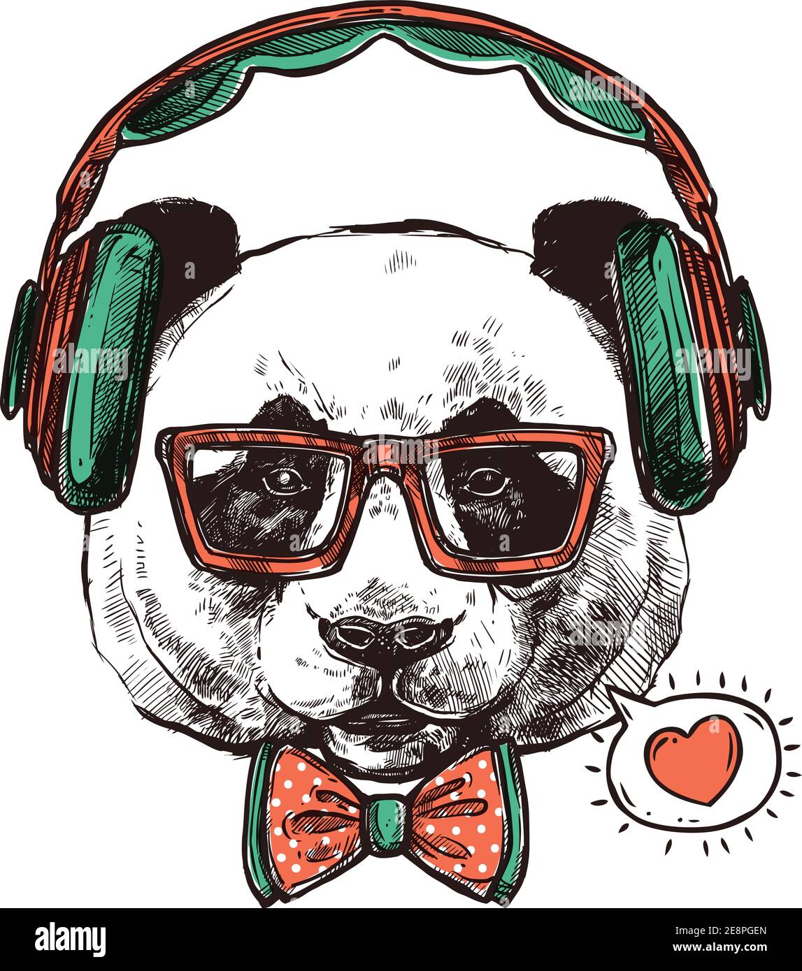 Hipster portrait panda with headphones glasses bow-tie and heart vector ...